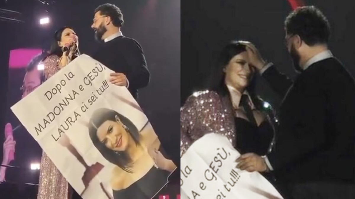 Laura Pausini canta con un prete e si fa benedire sul palco
